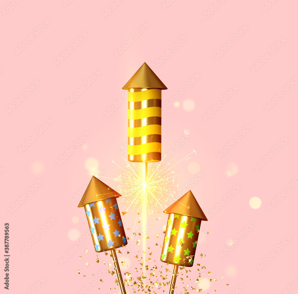 Fireworks set rocket with glitter confetti. Festive light sparkling ...