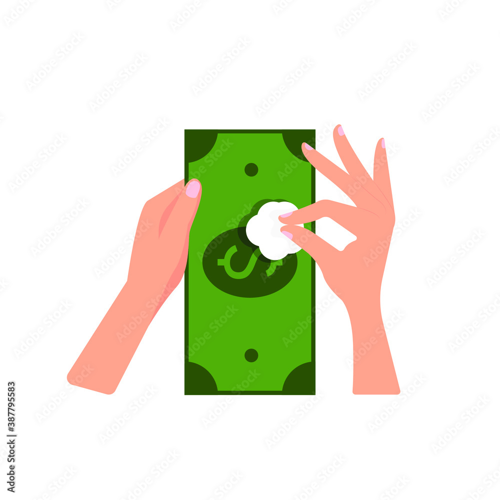 Clean money with a cotton pad, hand holds a dollar bill. Antiseptic ...