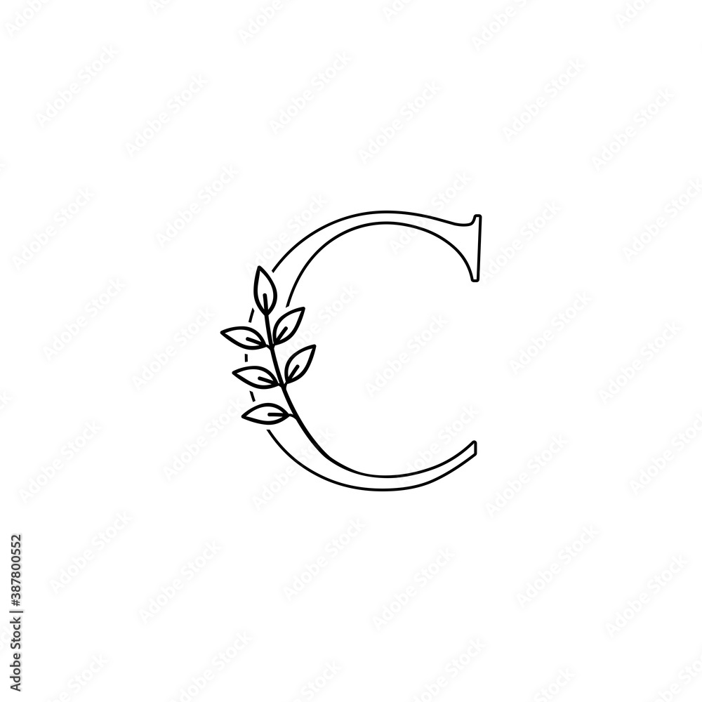 Outline Initial Letter C logo icon. Vintage logo outline floral leaf ...