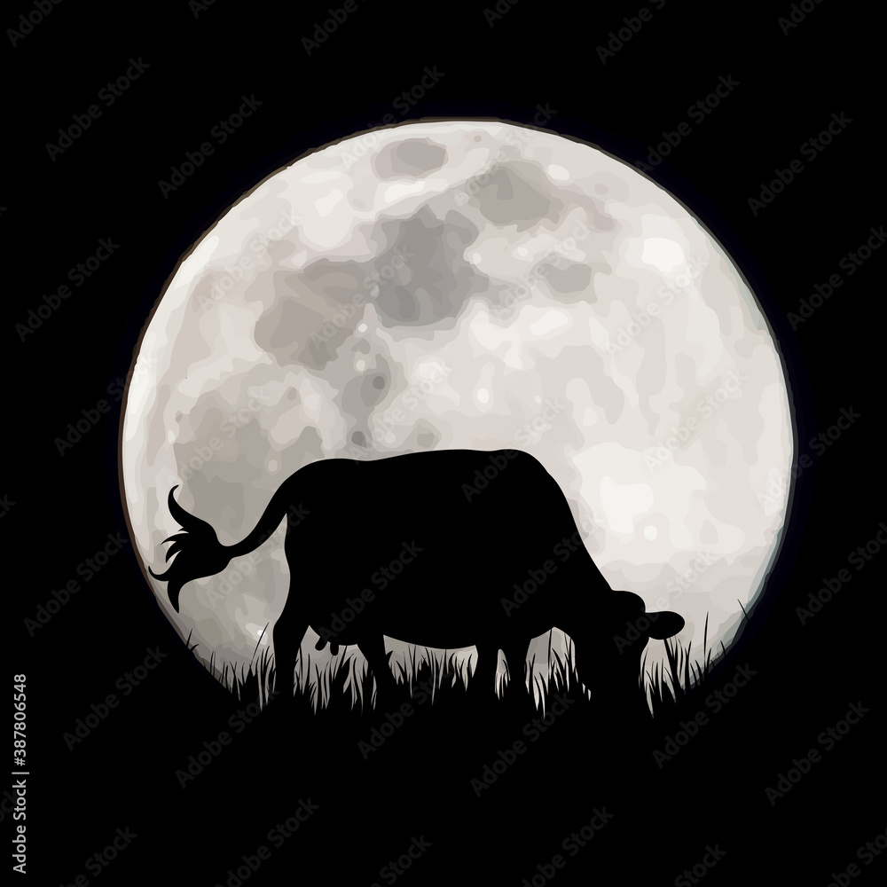 Vector silhouette of cow on moon background. Symbol of night and farm ...