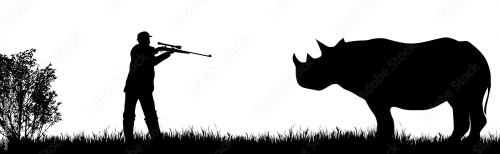 Vector silhouette of poacher hunting rhinoceros in wild nature. Symbol ...