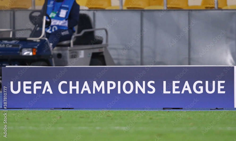 UEFA Champions League banner on a football pitch Stock Photo | Adobe Stock