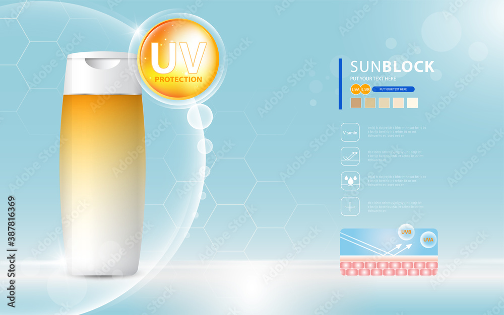 Sunblock ads template, sun protection cosmetic products design with ...