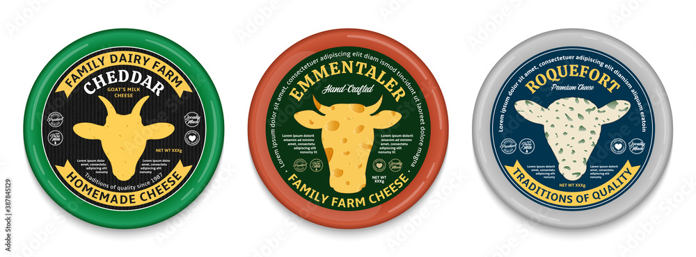 Vector cheese modern style creative round labels and different types of ...