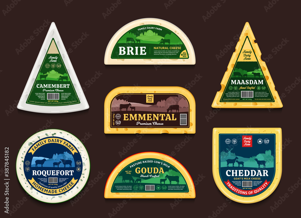 Vector cheese labels and packaging design elements. Different types of ...