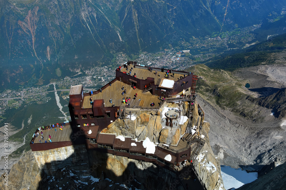 Aiguille du Midi peak and roof of cable car station seen from Skywalk ...