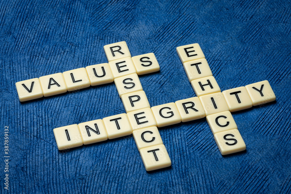 integrity, respect, values and ethics crossword in ivory letters ...