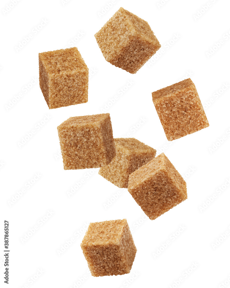 Falling Brown cane sugar cubes isolated on white background, clipping ...