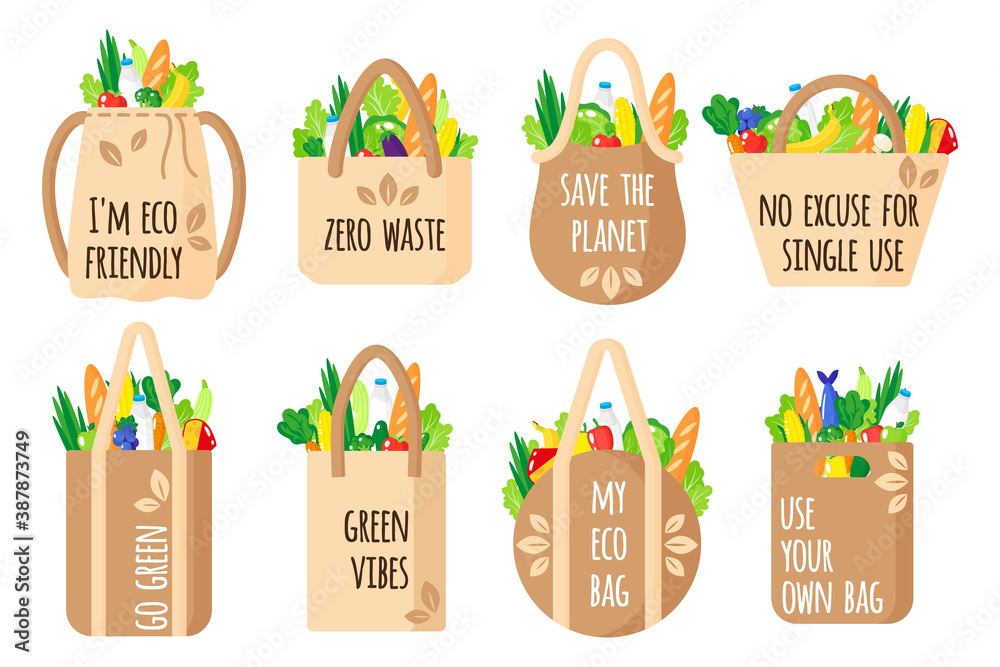 Vector cartoon set of textile reusable grocery bags with eco quotes ...