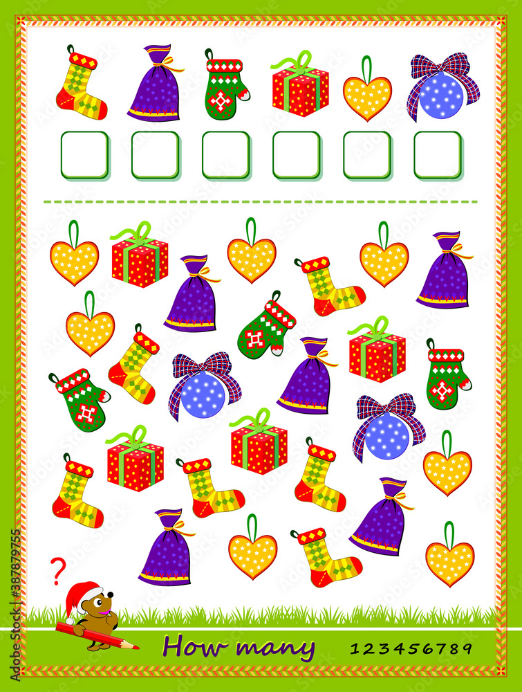Math education for children. Count quantity of Christmas gifts and ...