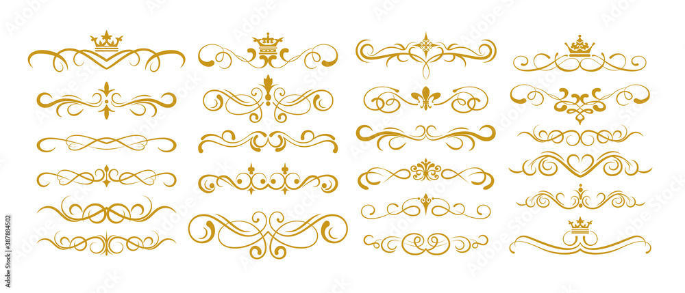 Set of hand drawn gold design elements. Calligraphic ornament. Gold ...