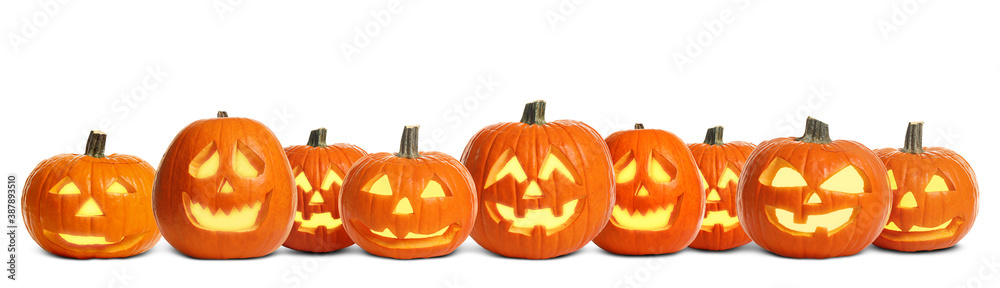 Set of carved Halloween pumpkins on white background. Banner design ...