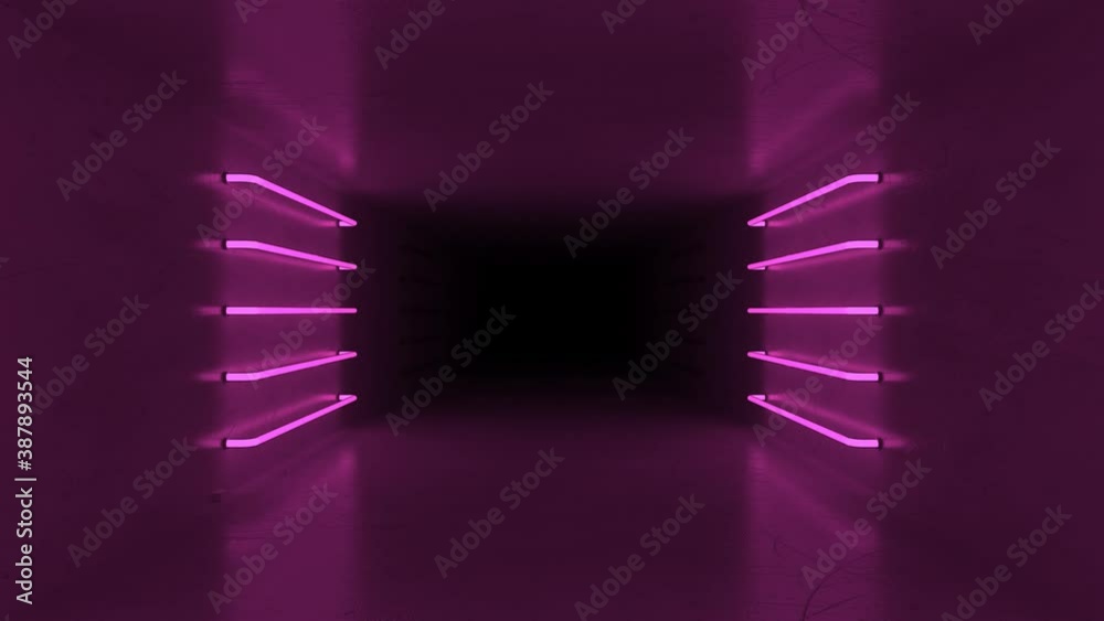 Abstract pink room interior with pink glowing neon lamps, fluorescent ...