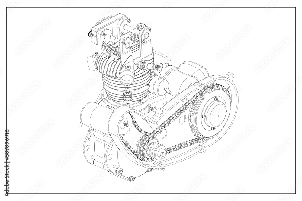3D design of a motorcycle engine with exploded view. Stock Illustration ...