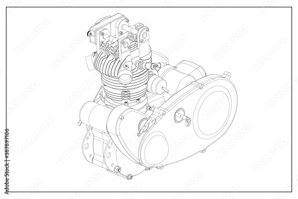 3D design of a motorcycle engine with exploded view. Stock Illustration ...