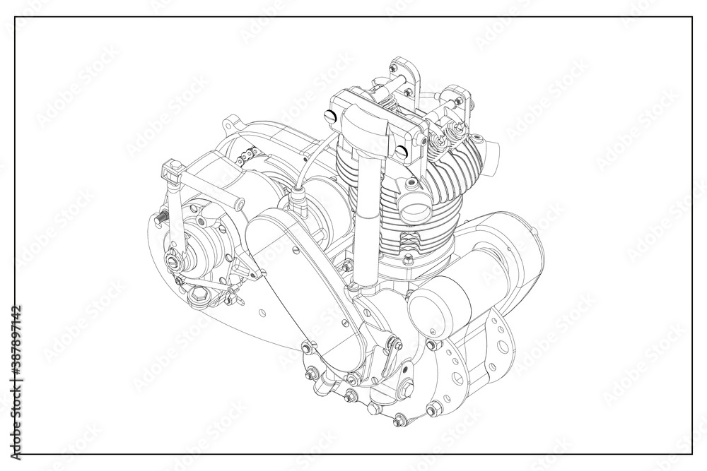 3D design of a motorcycle engine with exploded view. Stock Illustration ...