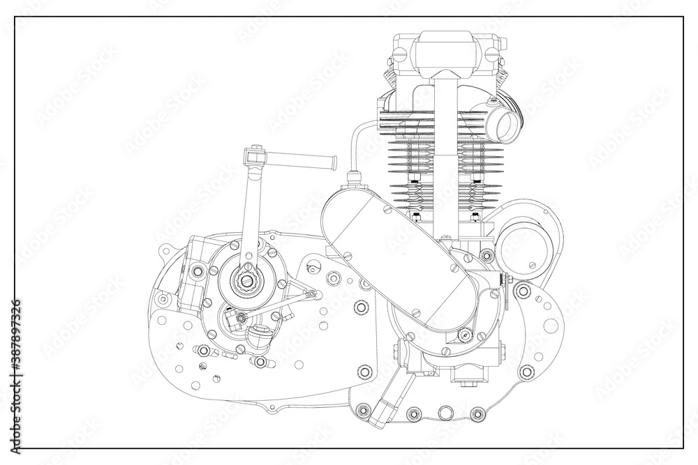 3D design of a motorcycle engine with exploded view. Stock Illustration ...