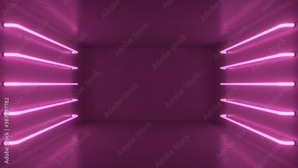 Abstract pink room interior with pink glowing neon lamps, fluorescent ...