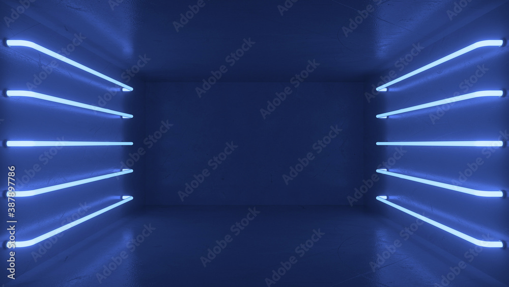 Abstract blue room interior with blue glowing neon lamps, fluorescent ...