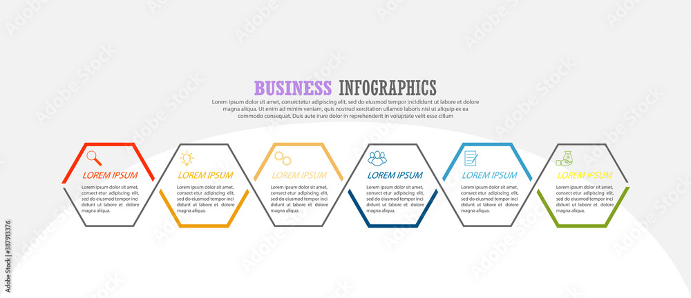Infographic, 6 stages with icons for business, Finance, project, plan ...