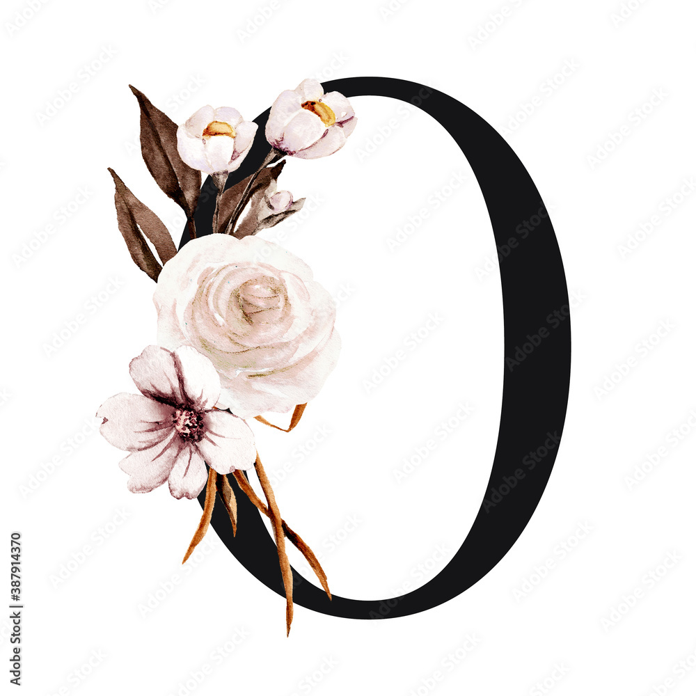 Number 0 with watercolor flowers roses hand painting. Digital ...