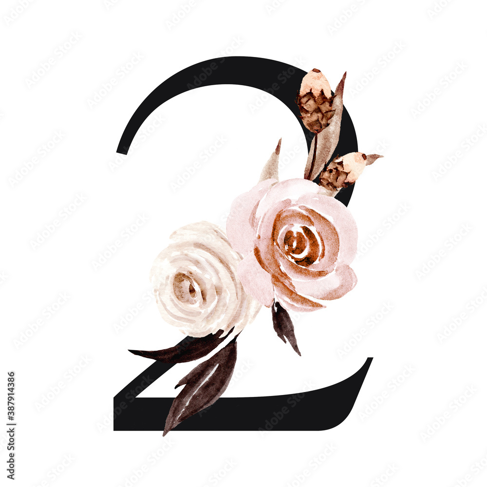 Number 2 with watercolor flowers roses hand painting. Digital ...