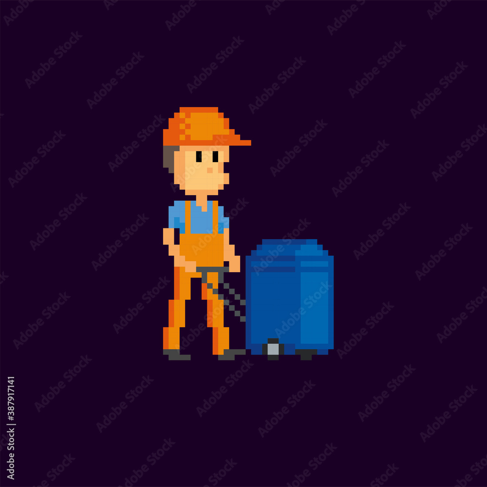 Garbage collector moves a trash can. pixel art icon. Element design for ...