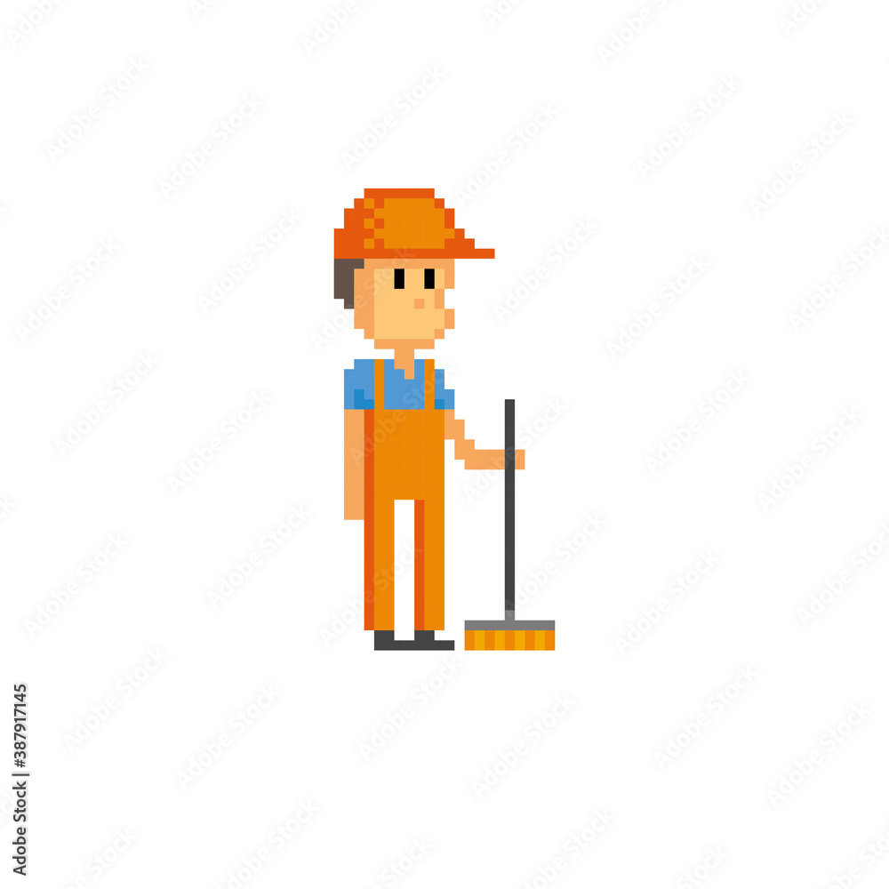 Janitor, cleaner holds a broom pixel art icon. Element design for logo ...
