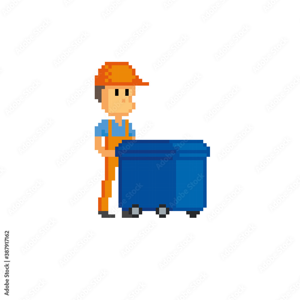 Garbage collector moves a trash can. pixel art icon. Element design for ...