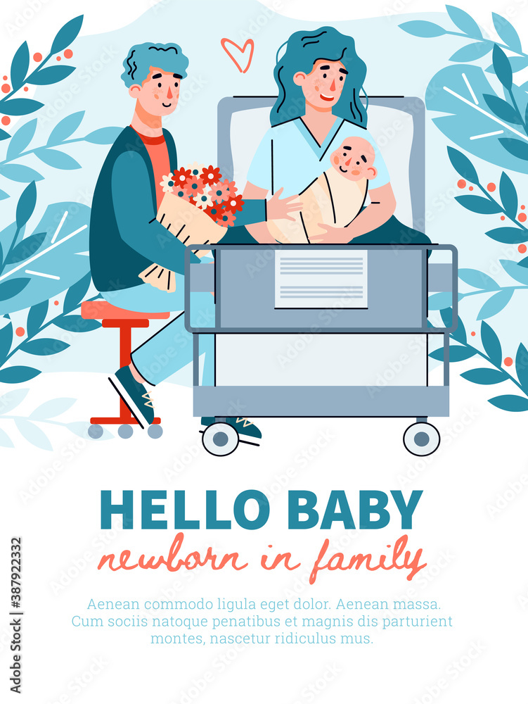 Greeting card with happy parents and newborn baby in maternity hospital ...