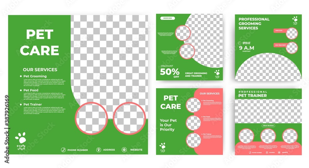 Set of editable square banner templates. Pet care and pet shop social ...