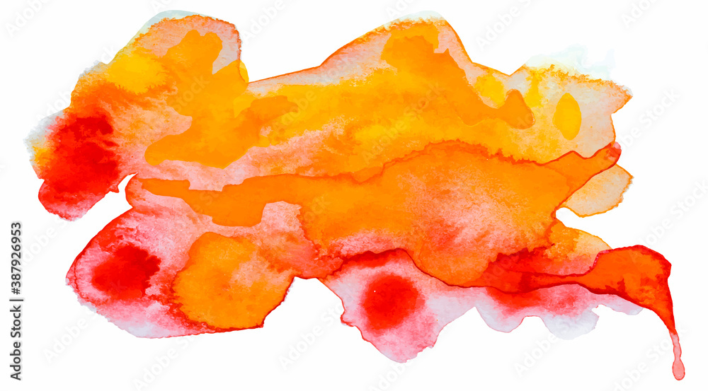 Textured red, orange and yellow watercolor paint brush stroke spot ...