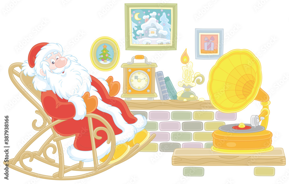 Santa Claus sitting in his creaking rocking chair, resting after a ...