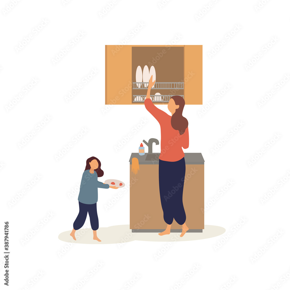 Housekeeping concept. Woman washing dishes. Flat cartoon vector ...