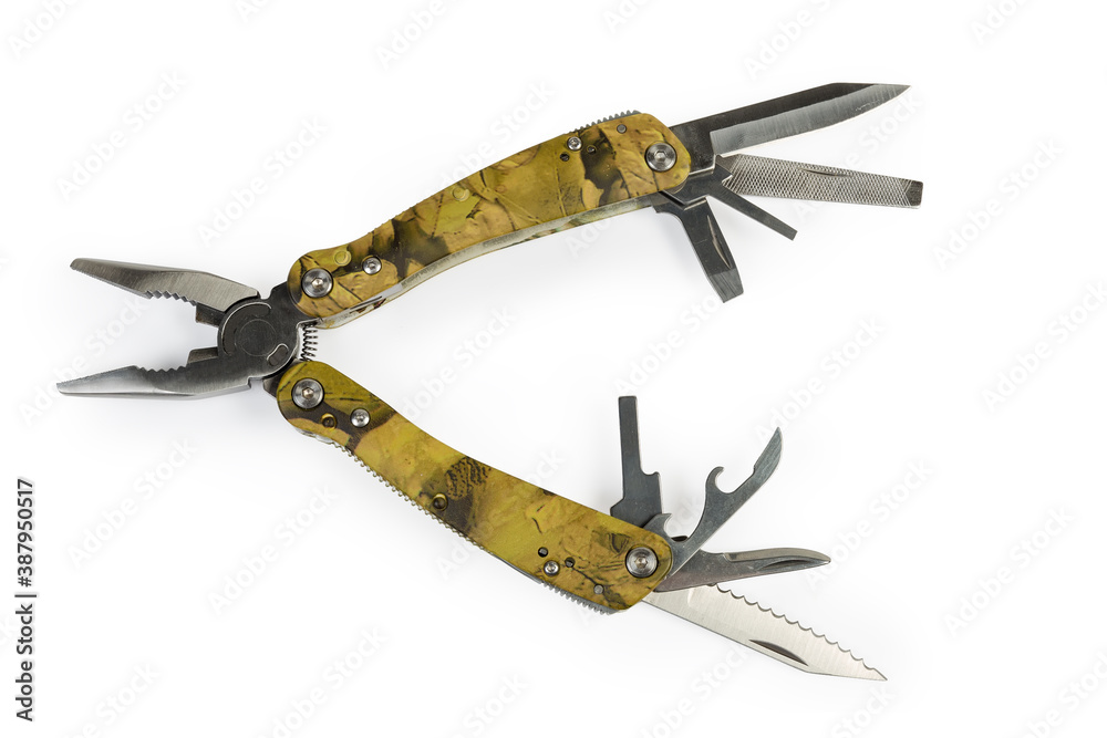Multi-tool in balisong-style with open different tools Stock Photo ...