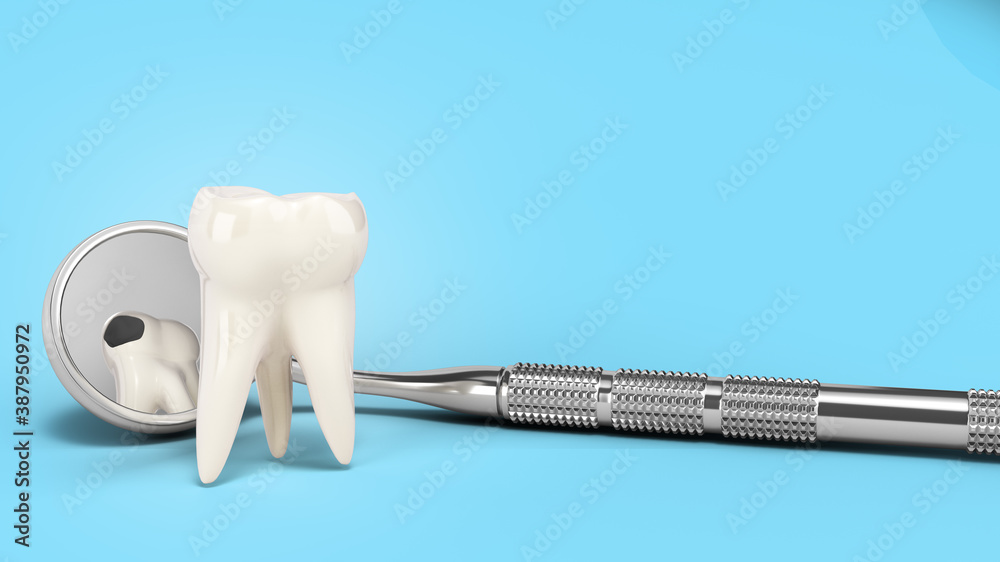 concept of hidden tooth damage in dental mirror 3d render on blue ...
