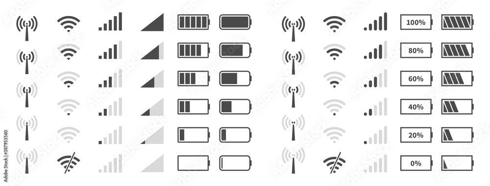 Wifi signal level. Battery charge black sign, mobile network and ...