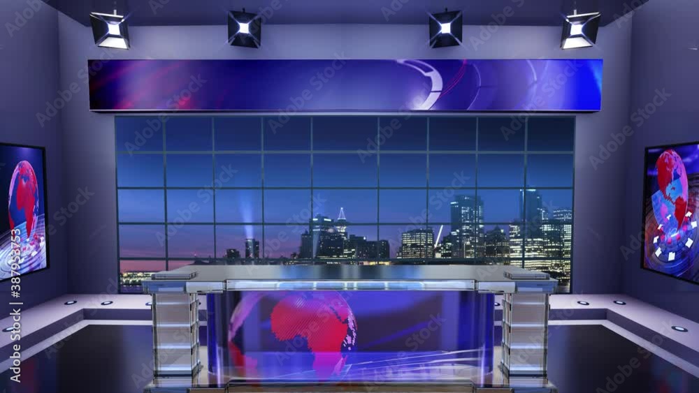 3d virtual news studio. Announcer Table with night city background and ...