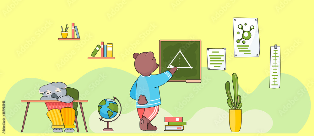 Lesson in school for wild animals. Bear is writing chalk at the black ...