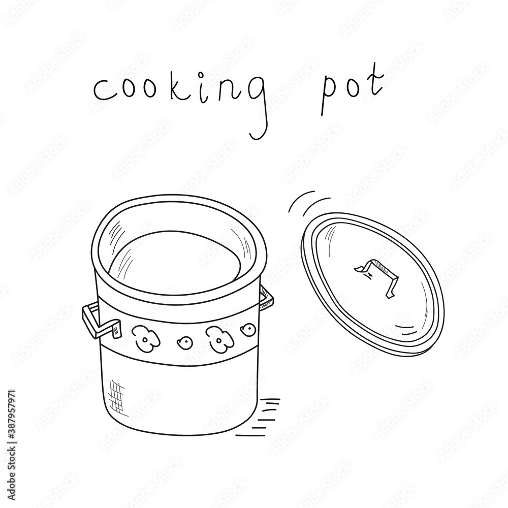 Cooking pot with a pot lid essentric drawing. Doodle line art artistic ...