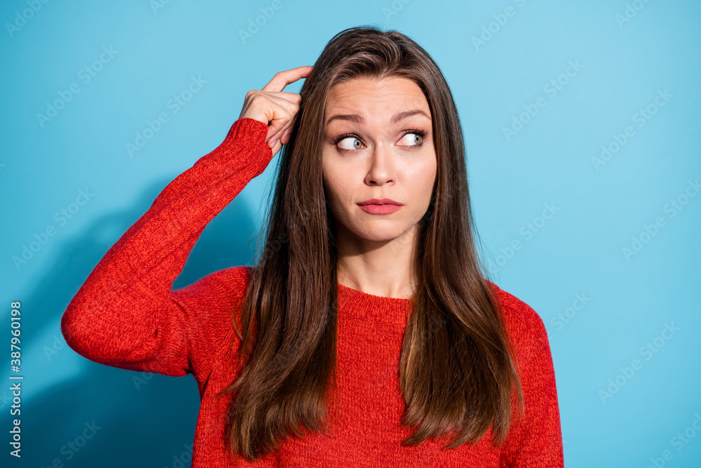 Confused unaware girl touch finger head dont remember answer look ...