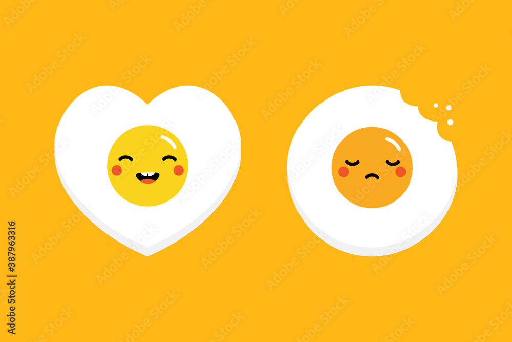 Cute Cartoon Style Fried Eggs Characters Happy And Sad For Breakfast