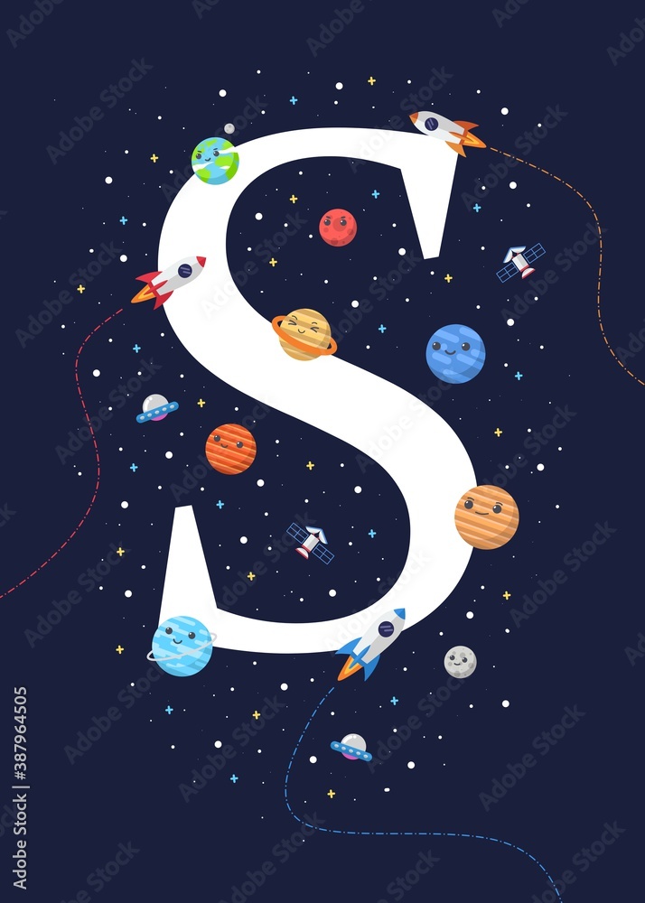 The letter S with the theme of outer space for Children. Letter graphic ...