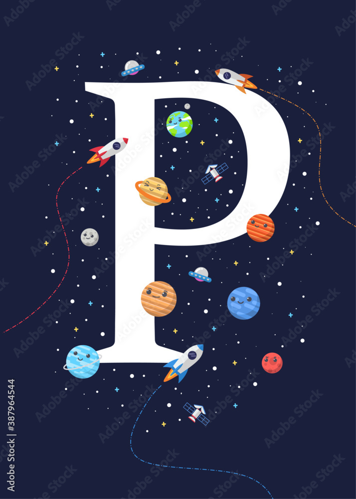 The letter P with the theme of outer space for Children. Letter graphic ...