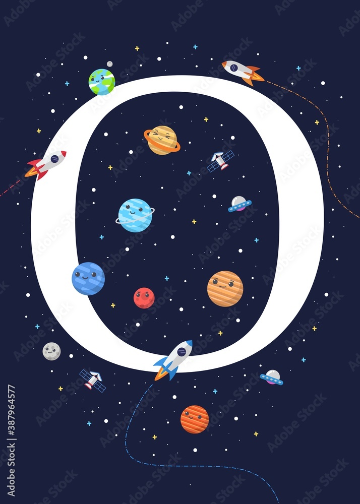The letter O with the theme of outer space for Children. Letter graphic ...