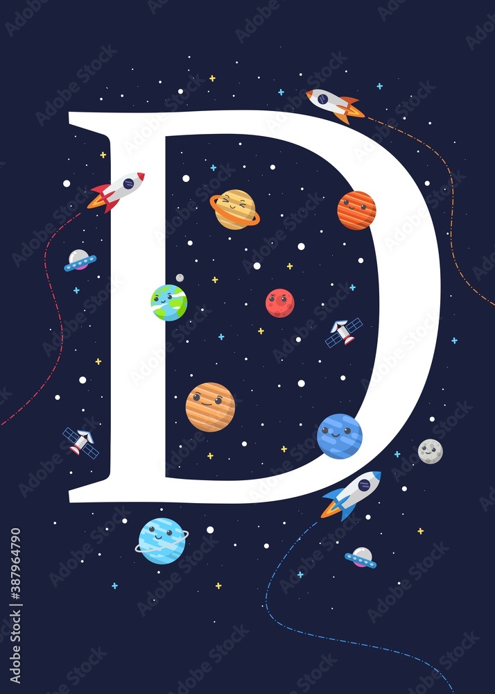 The letter D with the theme of outer space for Children. Letter graphic ...