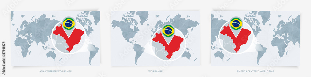 Three versions of the World Map with the enlarged map of Brazil with ...