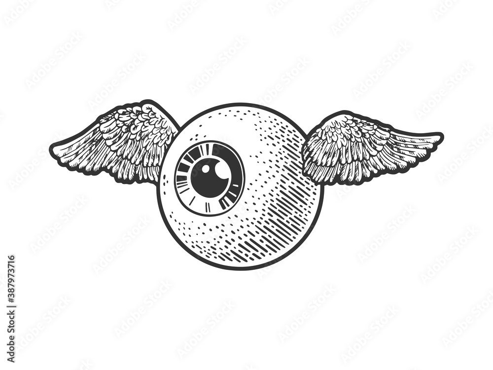 flying eye eyeball sketch engraving vector illustration. T-shirt ...