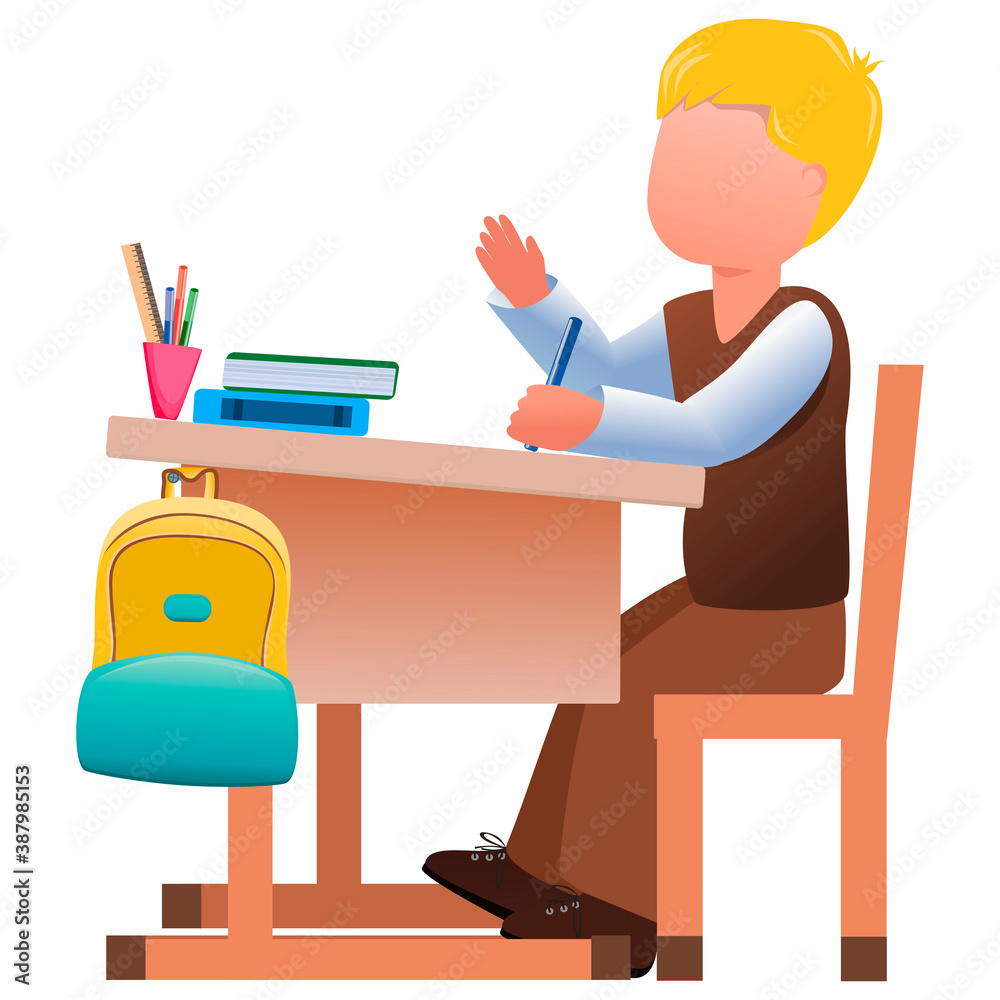 The character is sitting at the school table. Flat cartoon style ...