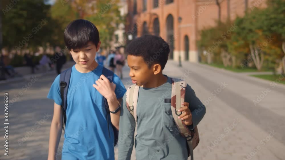 Two diverse school kids walking home together after school and talking ...